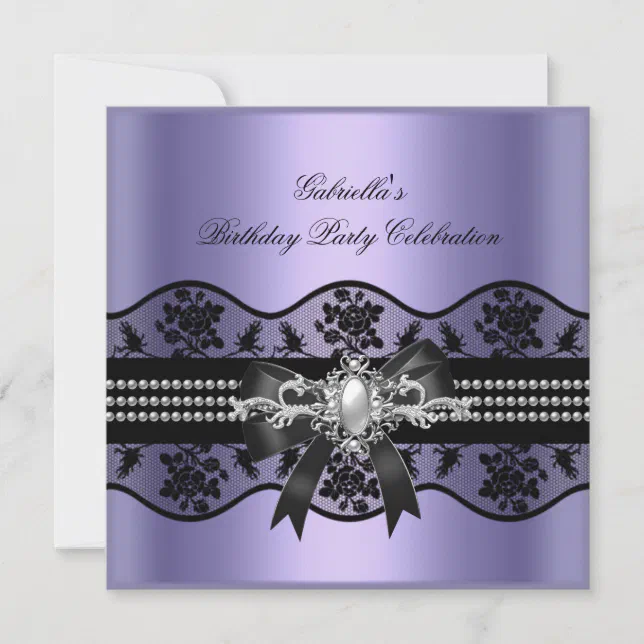 Lilac Black Lace Pearl Elegant Birthday Party Invitation | Zazzle