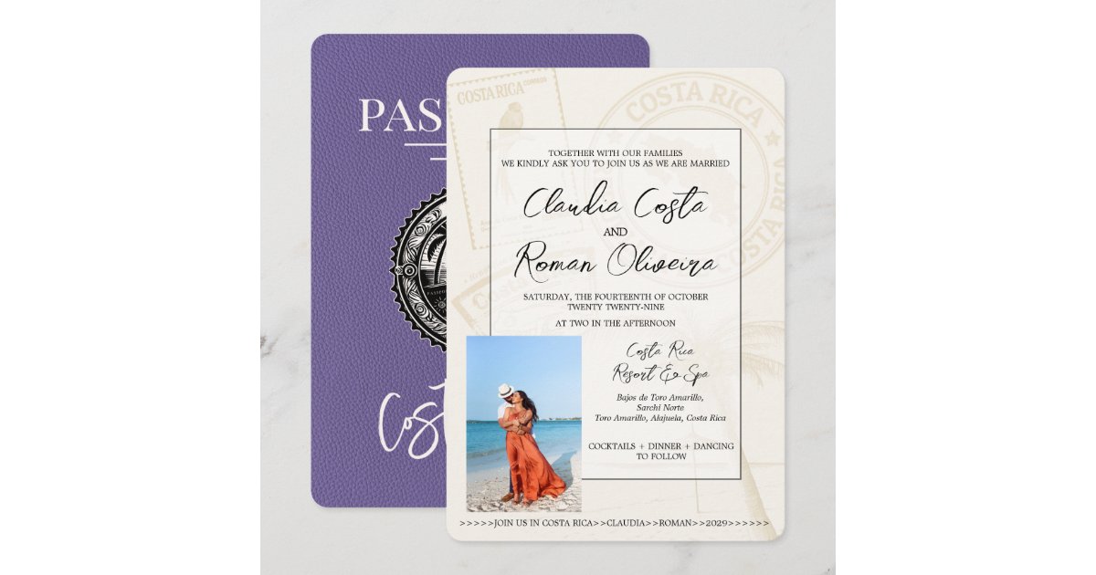 Lilac Costa Rica Passport Wedding Invitation | Zazzle