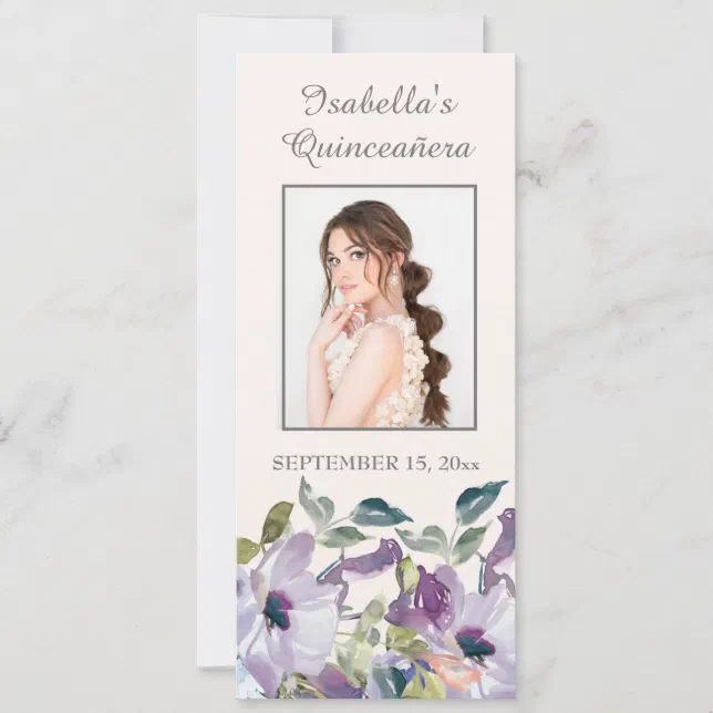 Lilac Dusty Blue Floral Quinceañera Bookmark Invitation | Zazzle