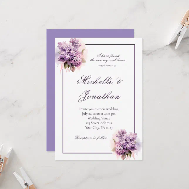 Lilac Floral Frame Bible Verse Christian Wedding Invitation | Zazzle