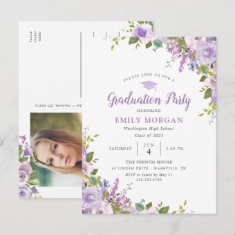 Lilac Floral Graduation Party Invitation Postcard | Zazzle