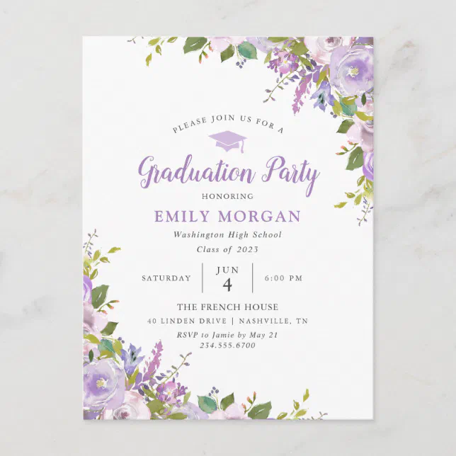 Lilac Floral Graduation Party Invitation Postcard | Zazzle