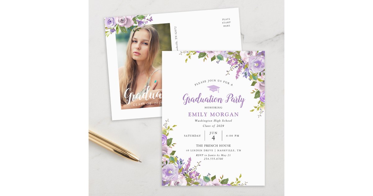 Lilac Floral Graduation Party Invitation Postcard | Zazzle