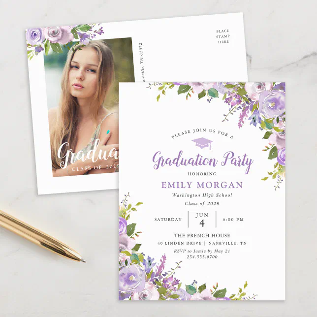 Lilac Floral Graduation Party Invitation Postcard | Zazzle