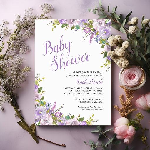 Lilac Floral Long Distance Baby Shower Invitation | Zazzle