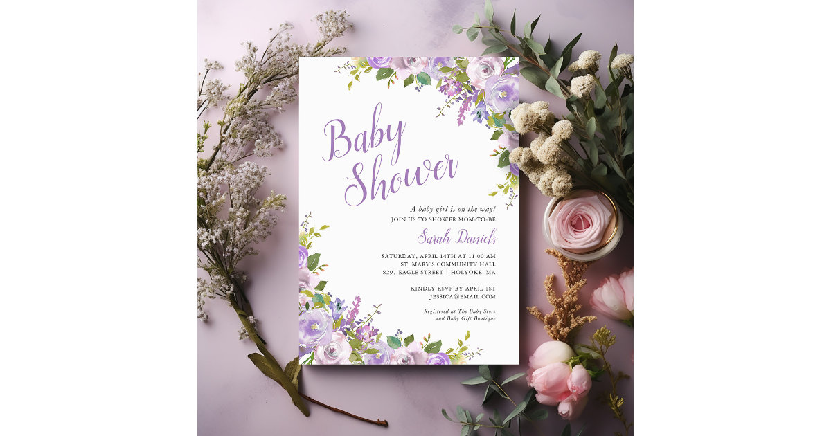 Lilac Floral Long Distance Baby Shower Invitation | Zazzle