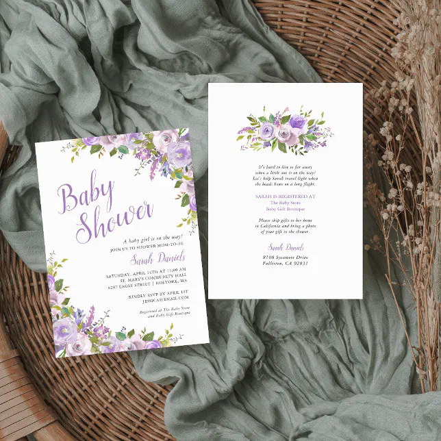 Lilac Floral Long Distance Baby Shower Invitation | Zazzle
