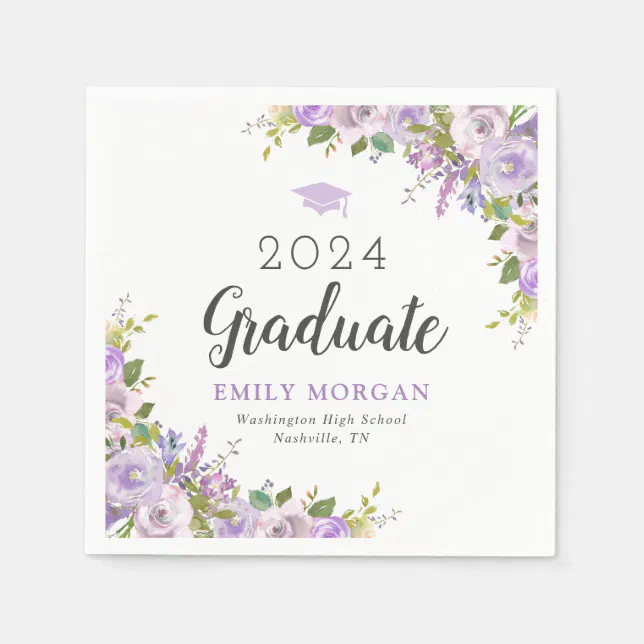 Lilac Floral Personalized Graduation Party Napkins | Zazzle