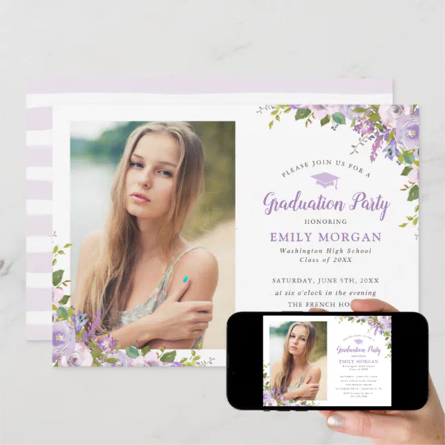 Lilac Floral Photo Graduation Party Invitation | Zazzle