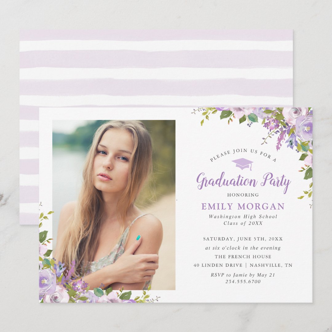 Lilac Floral Photo Graduation Party Invitation | Zazzle