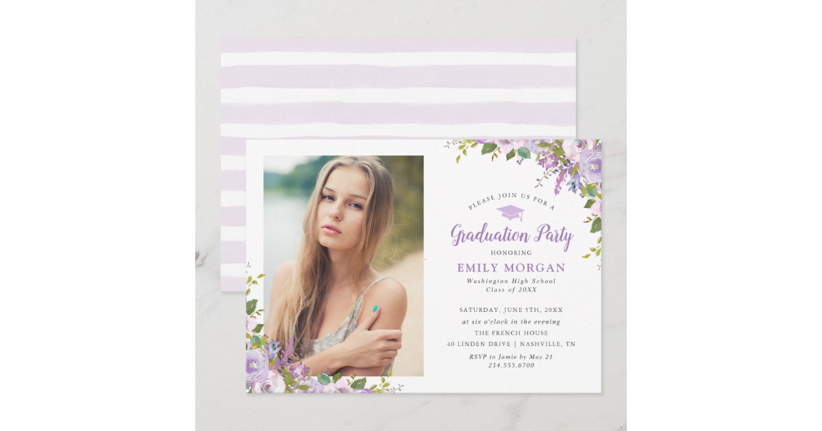 Lilac Floral Photo Graduation Party Invitation | Zazzle