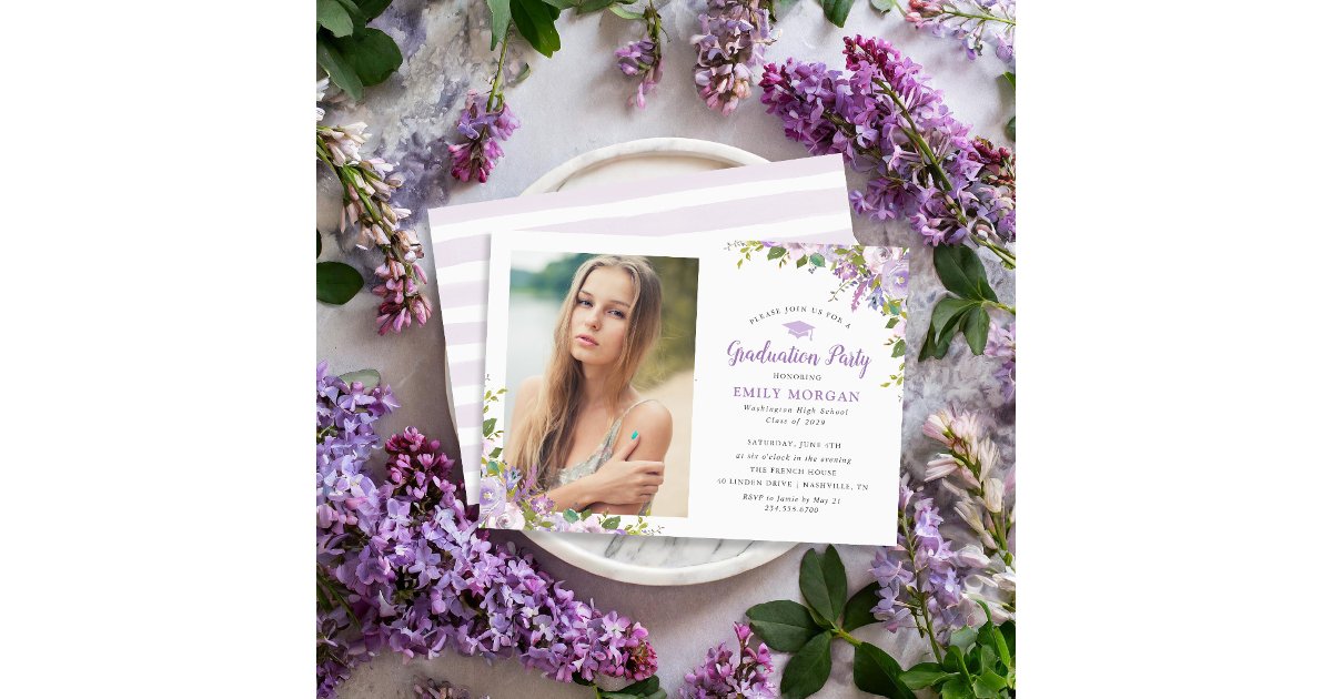 Lilac Floral Photo Graduation Party Invitation | Zazzle