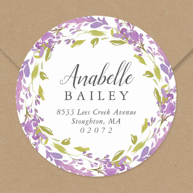 Lilac Floral Wreath Round Return Address Label | Zazzle