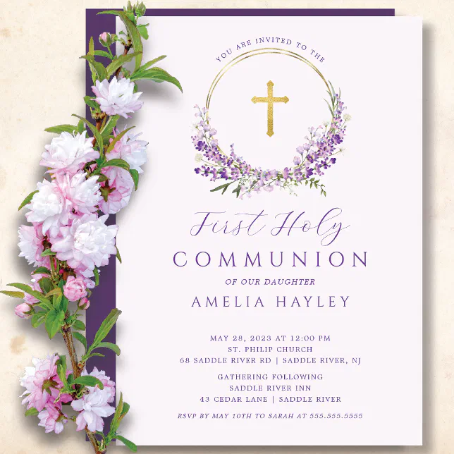 Lilac Flowers Girls First Communion Invitation | Zazzle