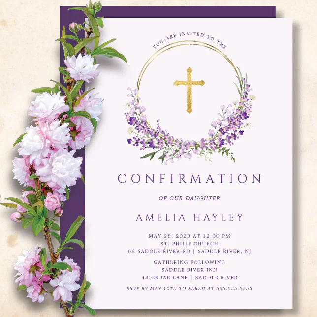 Lilac Flowers Girls First Confirmation Invitation | Zazzle