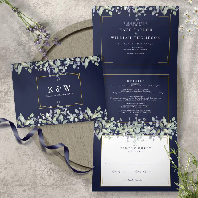 Lilac Foliage Navy Blue Monogram Photo Wedding Tri-Fold Invitation | Zazzle