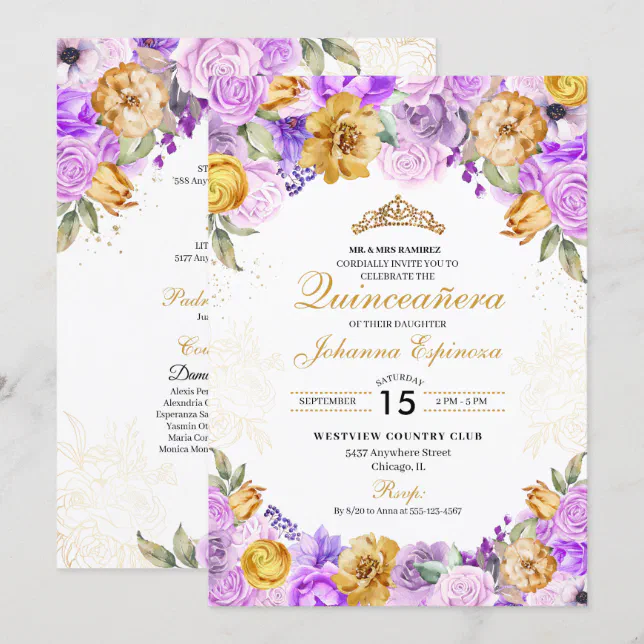 Lilac & Gold Floral Glitter Tiara Quinceanera Invitation | Zazzle
