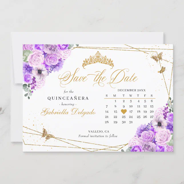 Lilac & Gold Quinceañera Save The Date Invitation | Zazzle