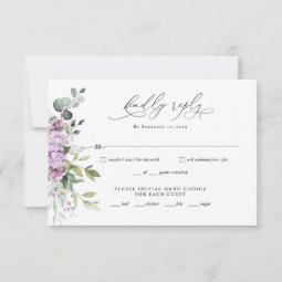 Lilac Greenery Script Wedding RSVP Reply Card | Zazzle