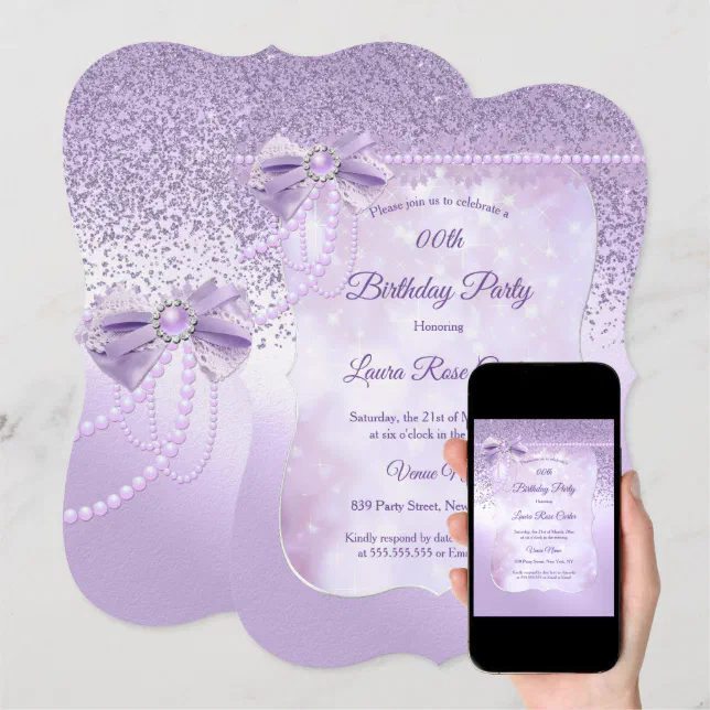 Lilac pearl lace glitter purple Birthday Party Invitation | Zazzle