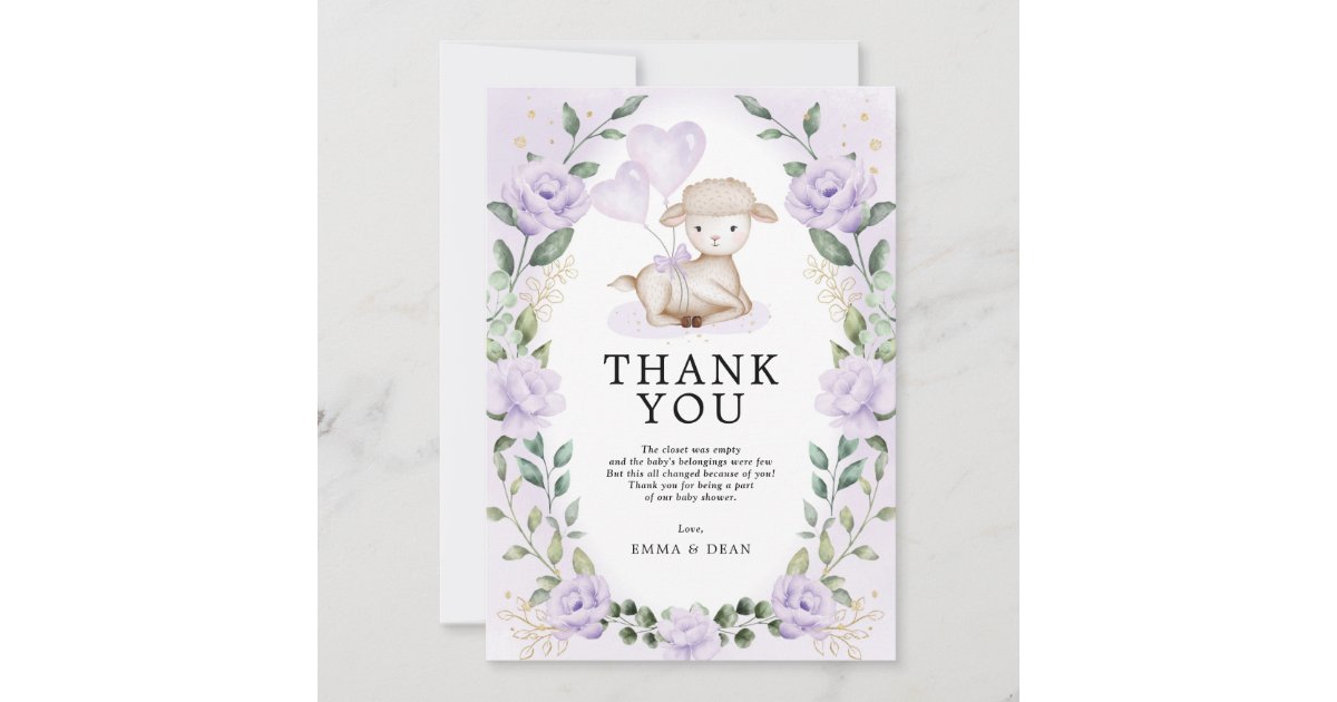 Lilac Purple Floral Little Lamb Baby Sheep Shower Thank You Card | Zazzle