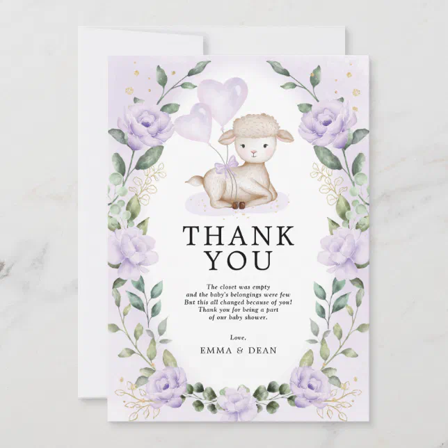 Lilac Purple Floral Little Lamb Baby Sheep Shower Thank You Card | Zazzle