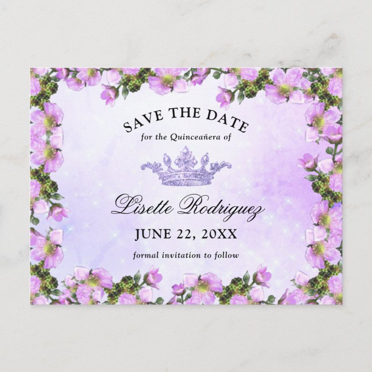 Lilac Purple Floral Quinceanera Save The Date Postcard | Zazzle