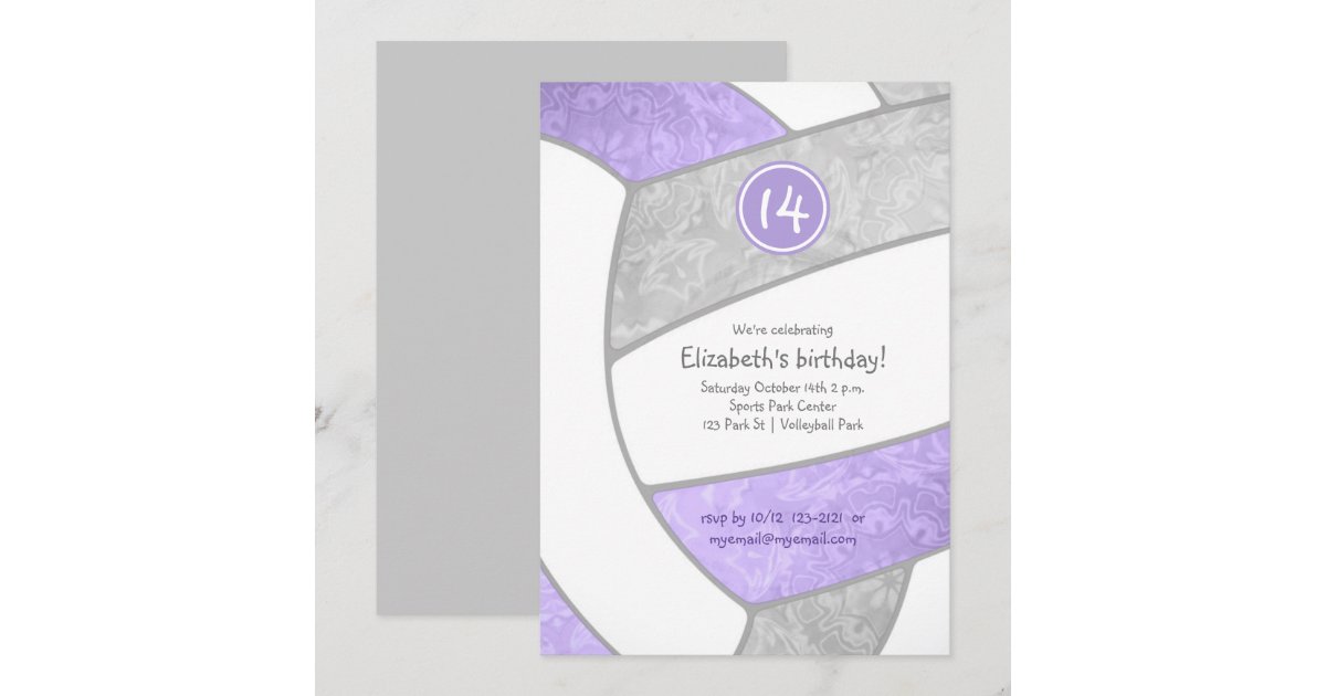lilac purple gray girly volleyball birthday invitation | Zazzle