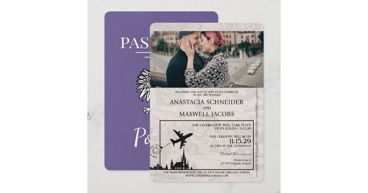 Lilac Purple Poland Passport Wedding Invitation | Zazzle