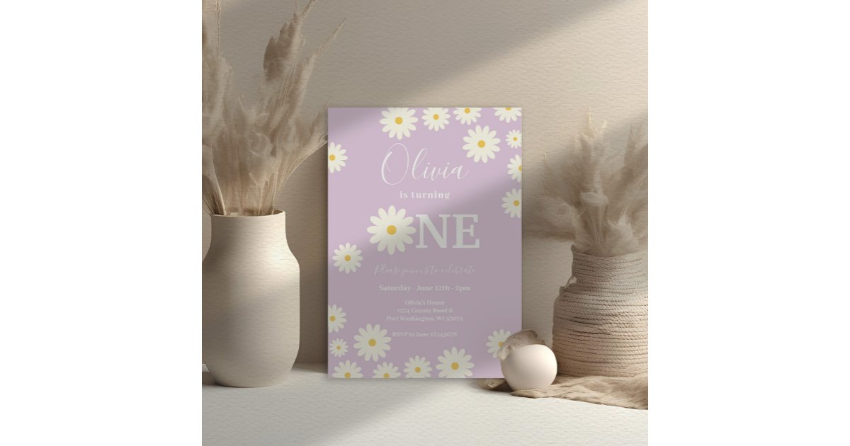 Lilac Purple Retro Daisy 1st Birthday Party Invitation | Zazzle