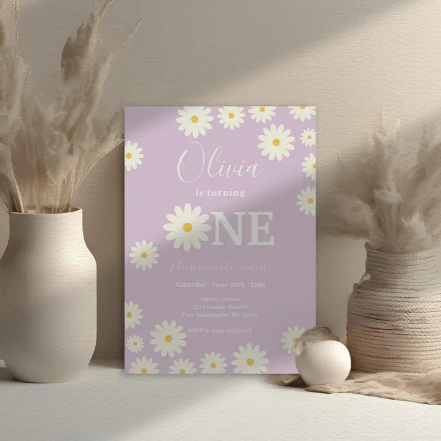 Lilac Purple Retro Daisy 1st Birthday Party Invitation | Zazzle