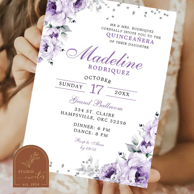 Lilac Purple Silver Floral Quinceanera Invitation | Zazzle