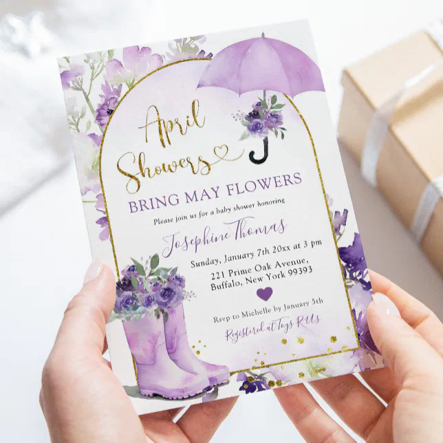 Lilac Purple Umbrella April Showers Baby Shower Invitation | Zazzle