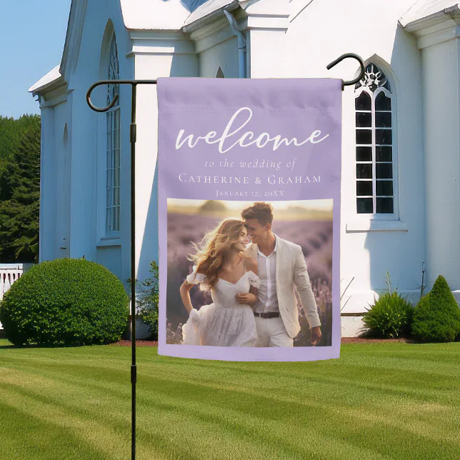 Lilac Purple Wedding Couple Photo Welcome Garden Flag | Zazzle