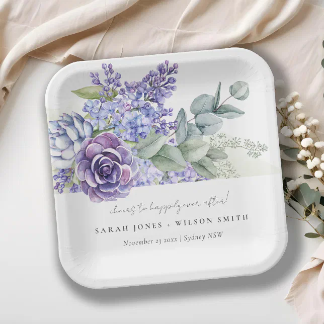 Lilac Succulent Eucalyptus Botanical Bunch Wedding Paper Plates | Zazzle