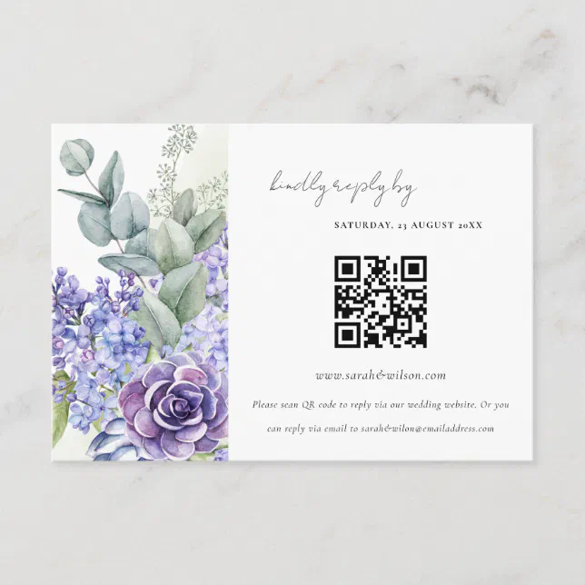 Lilac Succulent Leafy Fauna Wedding QR Code RSVP Enclosure Card | Zazzle