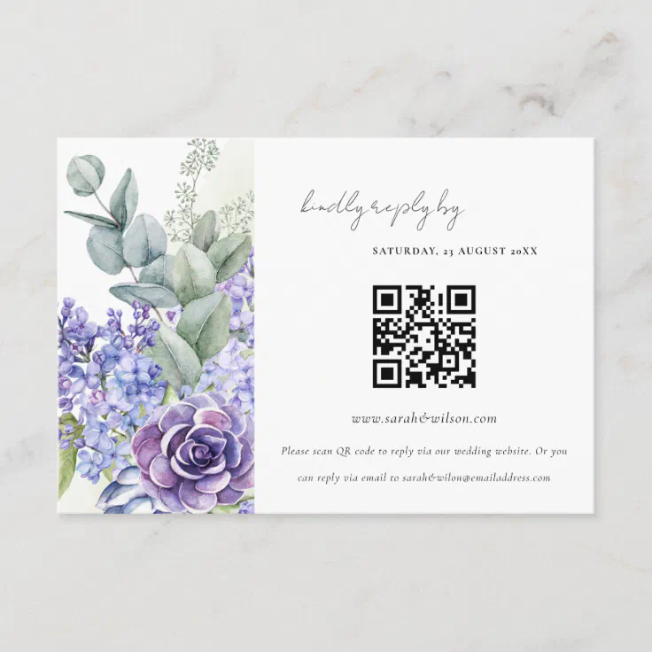 Lilac Succulent Leafy Fauna Wedding QR Code RSVP Enclosure Card | Zazzle