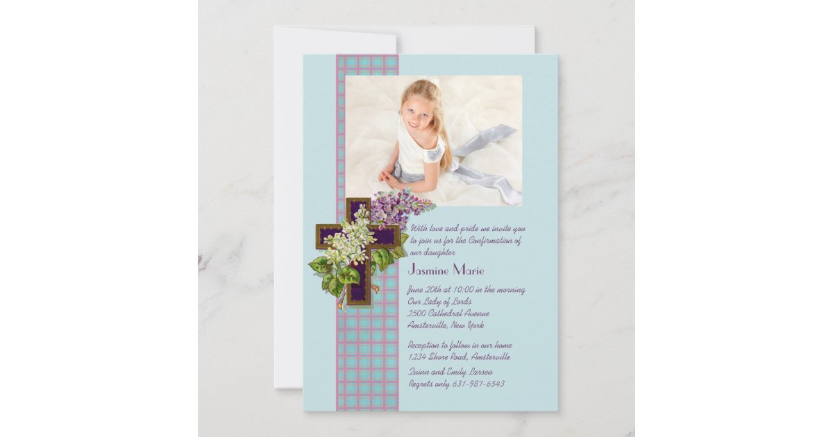 Lilacs and Crucifix Religious Photo Invitation | Zazzle