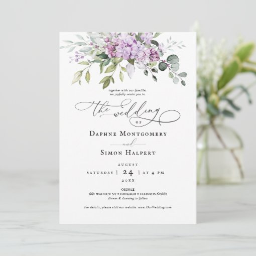 Lilacs Greenery Script Wedding Invitation Purple | Zazzle