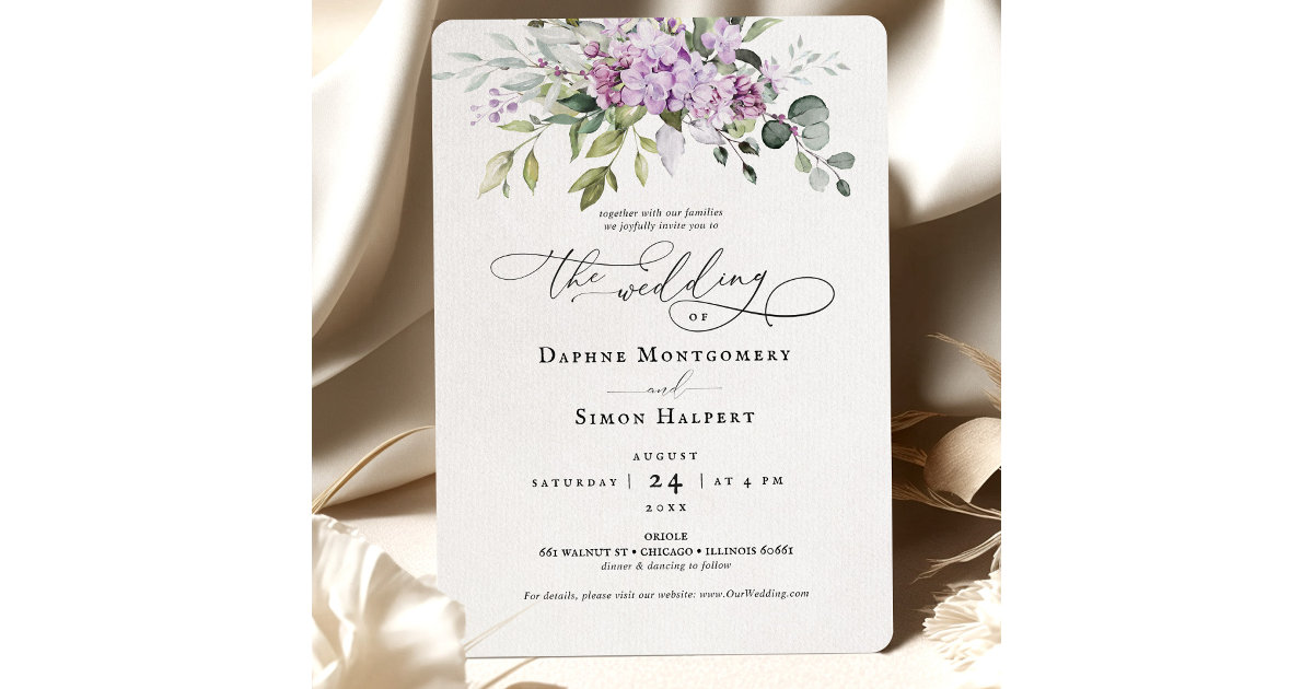 Lilacs Greenery Script Wedding Invitation Purple | Zazzle