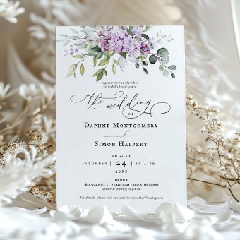 Lilacs Greenery Script Wedding Invitation Purple | Zazzle
