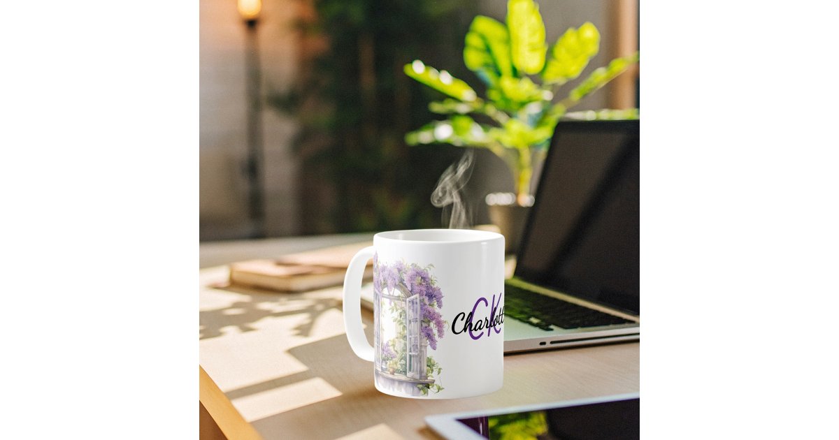 Lilacs window flowers lavender monogram coffee mug | Zazzle