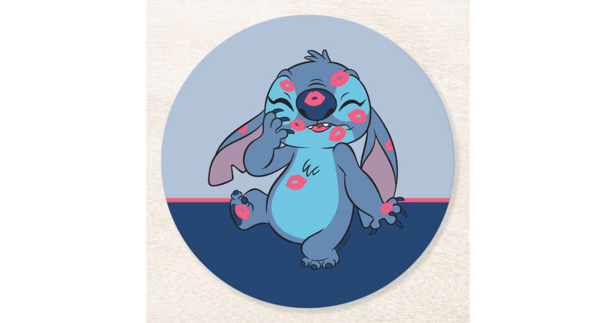 Lilo & Stitch | Stitch Covered in Kisses Round Paper Coaster | Zazzle