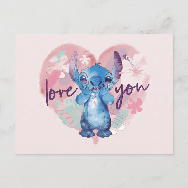 Lilo & Stitch | Stitch Watercolor Valentine Heart Postcard | Zazzle