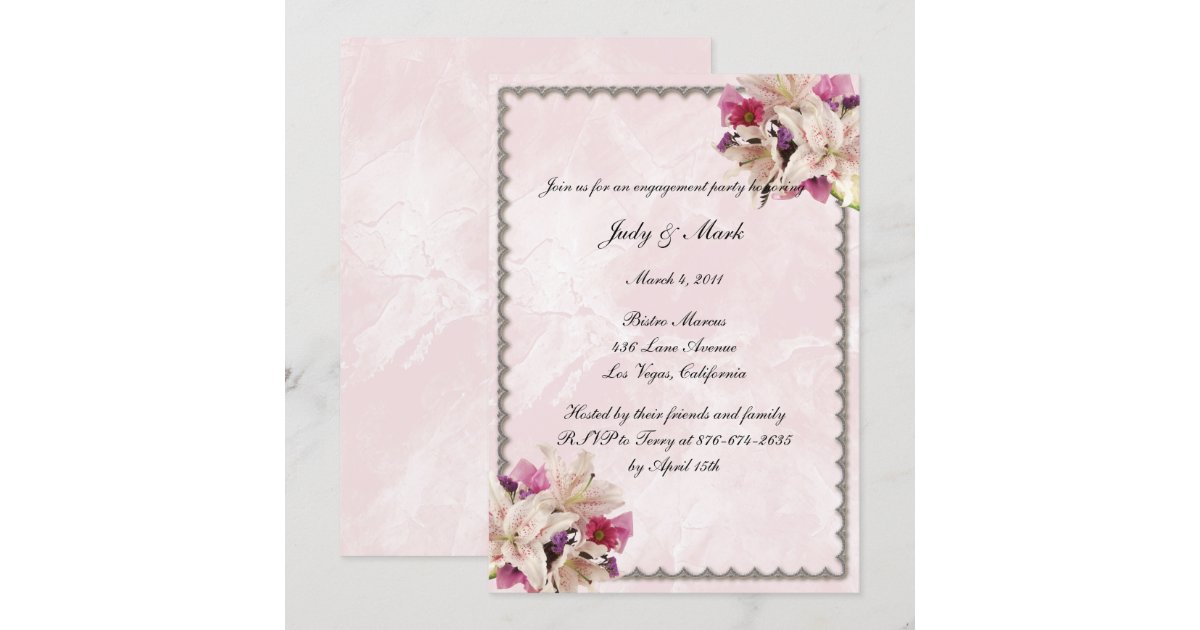 Lily Floral Pink Marble Wedding Engagement Party Invitation | Zazzle