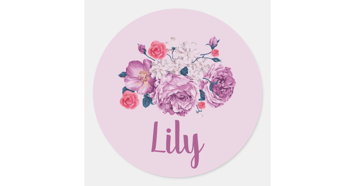 Lily Pink Name Floral Custom Vintage Flower Rose Classic Round Sticker ...