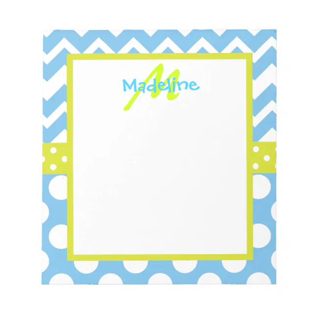 Lime and Blue Chevron Polka Dots Monogram Notepad | Zazzle