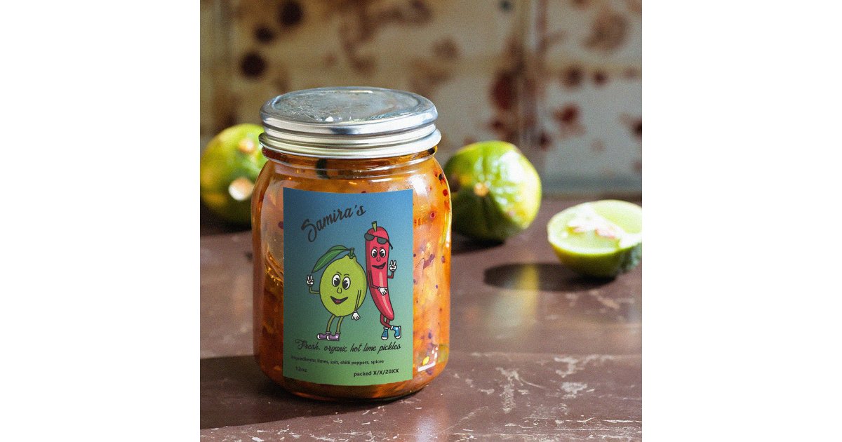 Lime and Pepper Pals Funny Cartoon Lime Pickles Food Label | Zazzle