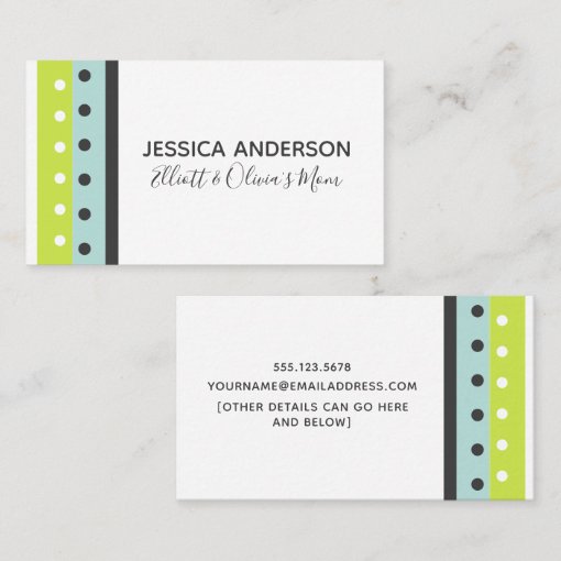 Lime, Blue and Gray Dots and Stripes Calling Card | Zazzle