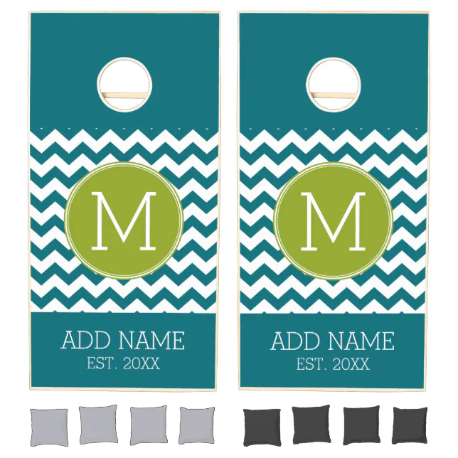 Lime Green and Teal Chevron Pattern Monogram Cornhole Set | Zazzle